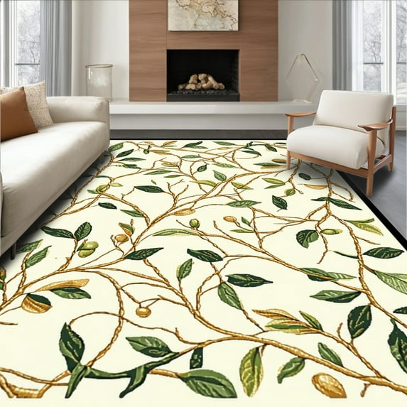 Flatwoven High Traffic Area Rug, Olive Branch Round Botanical Print ...