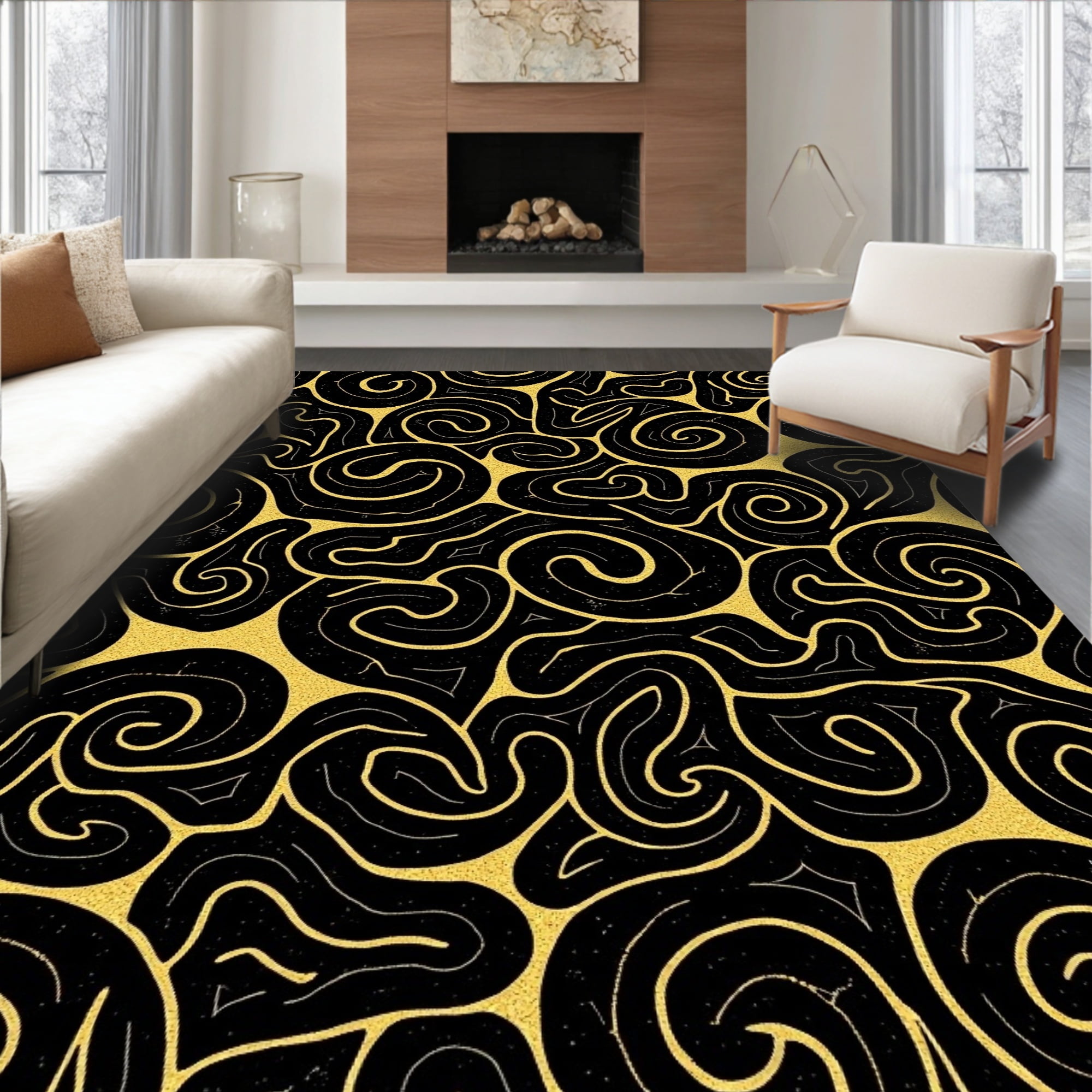 Flatwoven High Traffic Area Rug, Opulent Abstract Mosaic with Golden ...
