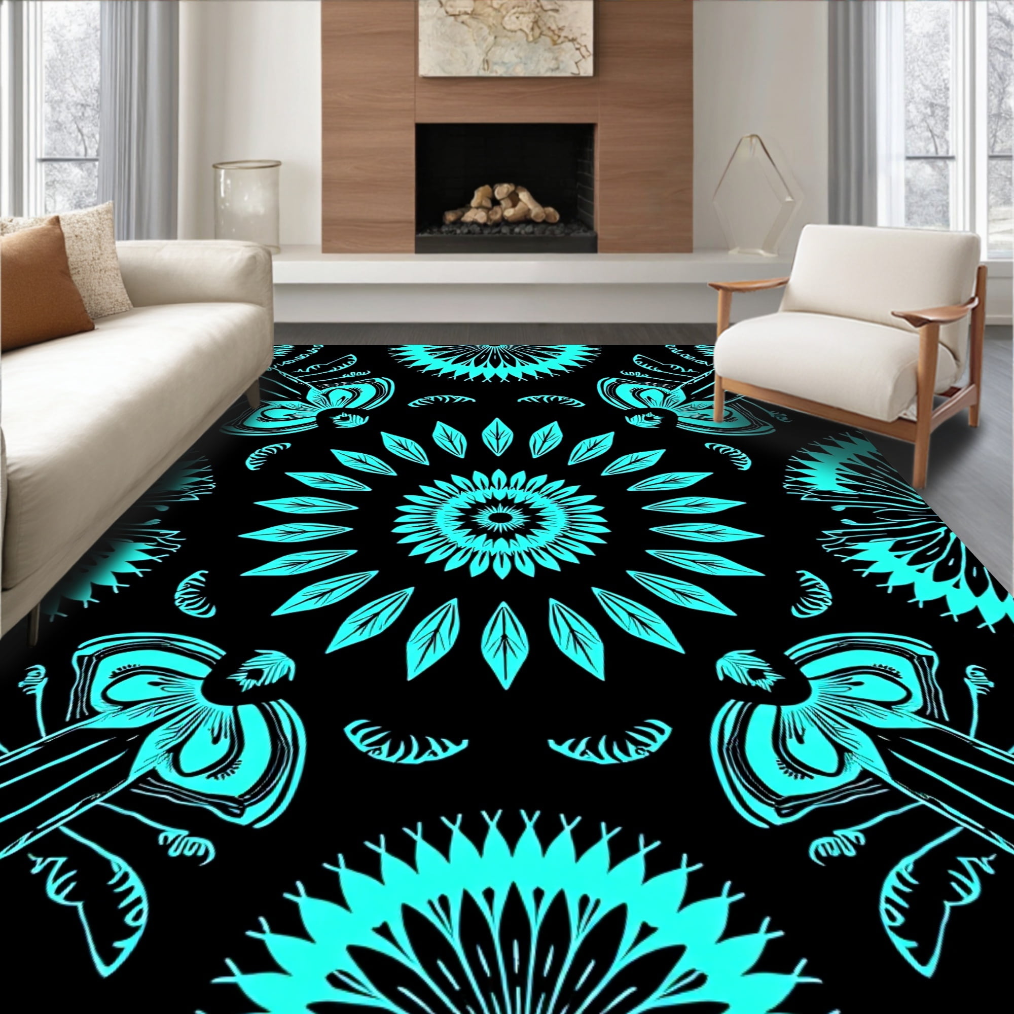 ODIKA 3'x5' Machine Washable Non-Slip Area Rug, Opulent Feather Eye ...