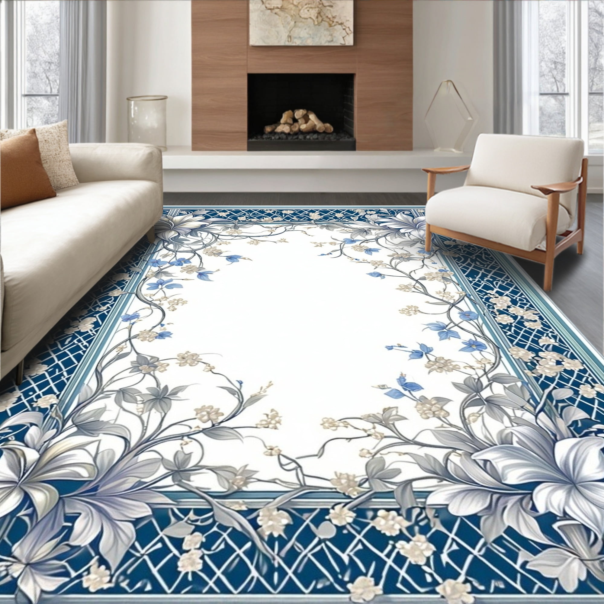 Flatwoven High Traffic Area Rug, Ornamental Fleur Border with Classic ...