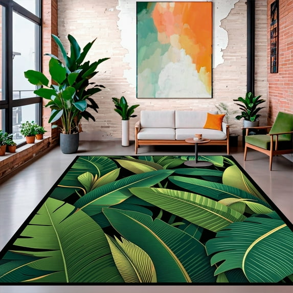 Flatwoven High Traffic Area Rug, Ornate Tropical Plant Print with ...