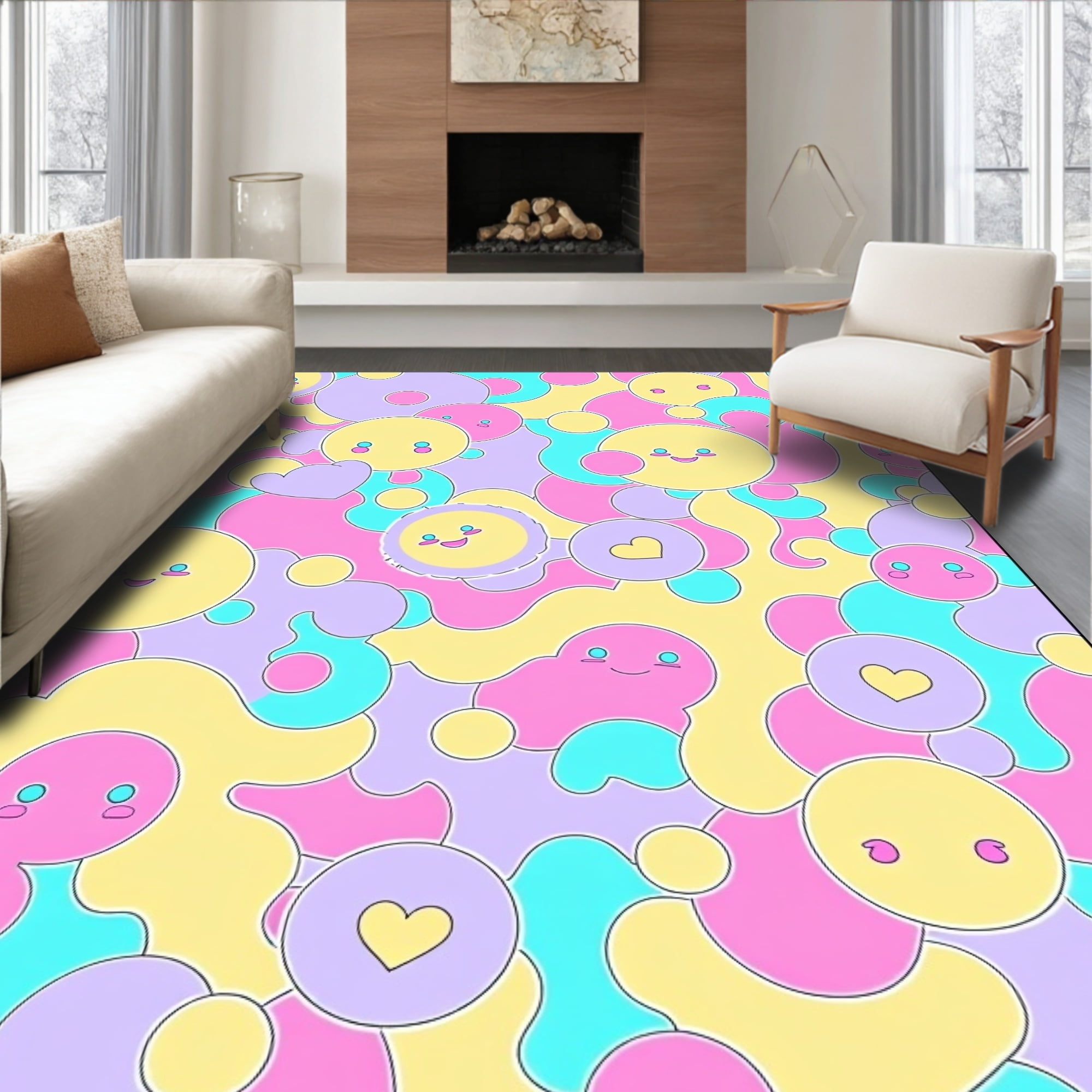 Flatwoven High Traffic Area Rug, Pastel Color Burst with Kawaii ...