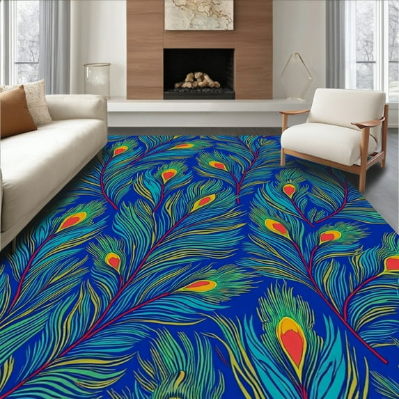 Flatwoven High Traffic Area Rug, Peacock Feather Art, Non Slip, Stain ...