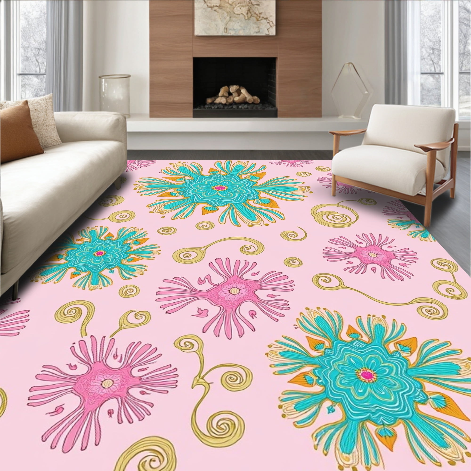 Flatwoven High Traffic Area Rug, Peacock Garden Motif with Blossom and ...
