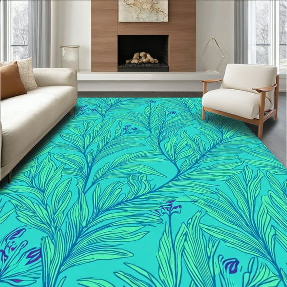 Flatwoven High Traffic Area Rug, Peacock Plume Cascade Design, Non Slip ...