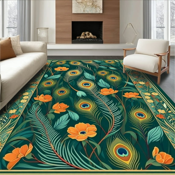 Flatwoven High Traffic Area Rug, Peacock s Garden Artistic Feather ...