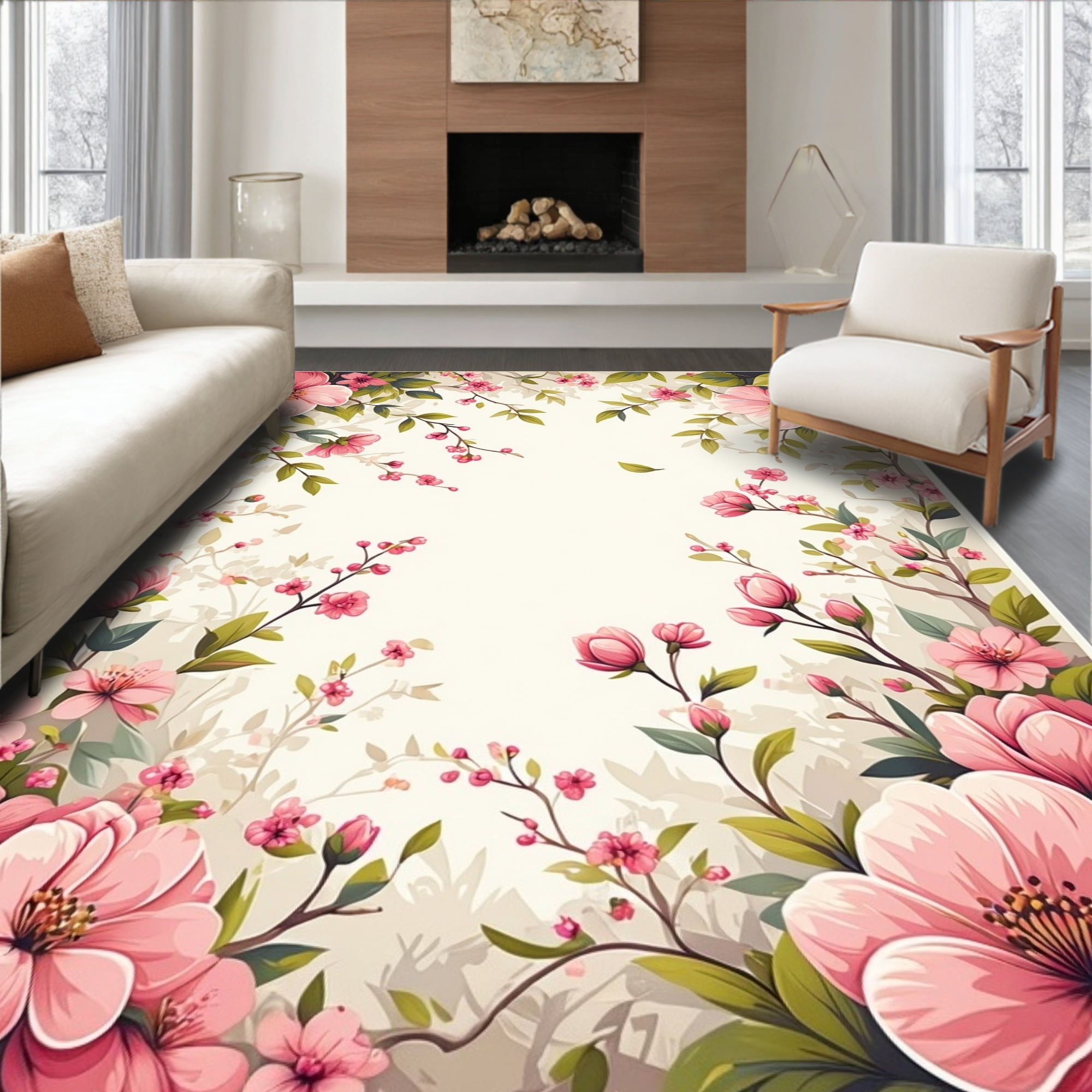Flatwoven High Traffic Area Rug, Pink Blossom Garden, Non Slip, Stain ...
