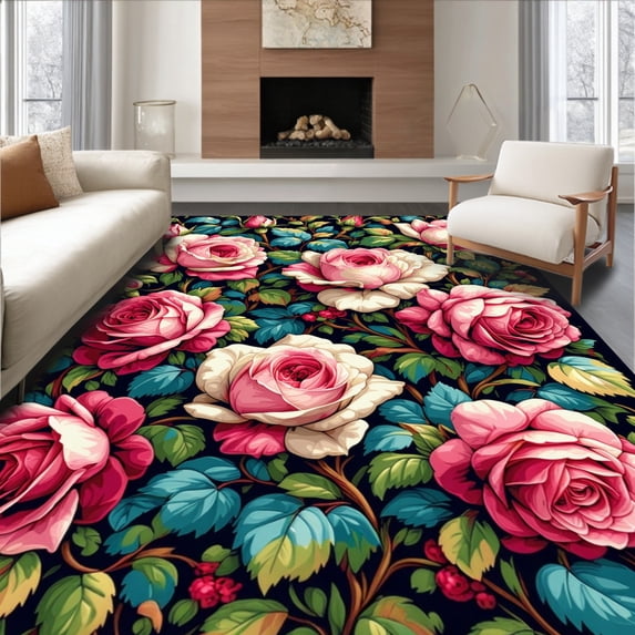 ODIKA 4'x6' Machine Washable Non-Slip Area Rug, Pink Rose Victorian ...