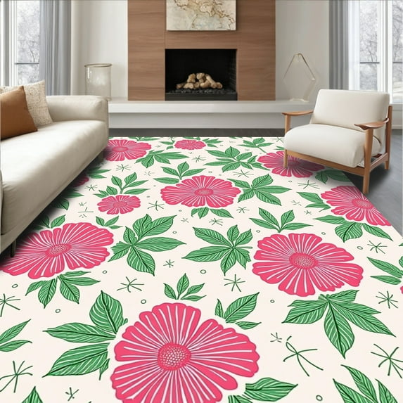 ODIKA 8'x10' Machine Washable Non-Slip Area Rug, Pink Tropical Flower ...