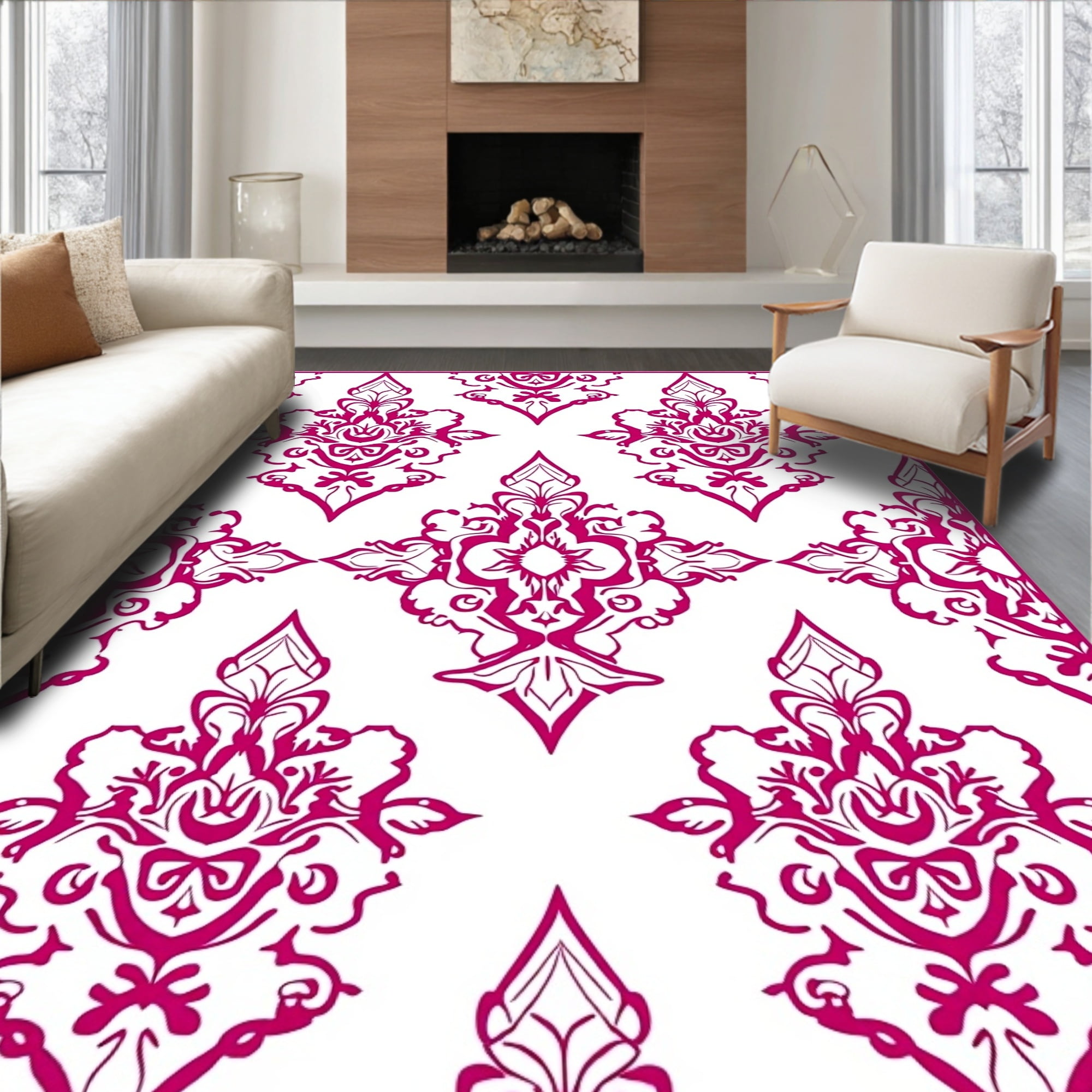 Flatwoven High Traffic Area Rug, Pink and White Damask, Non Slip, Stain ...