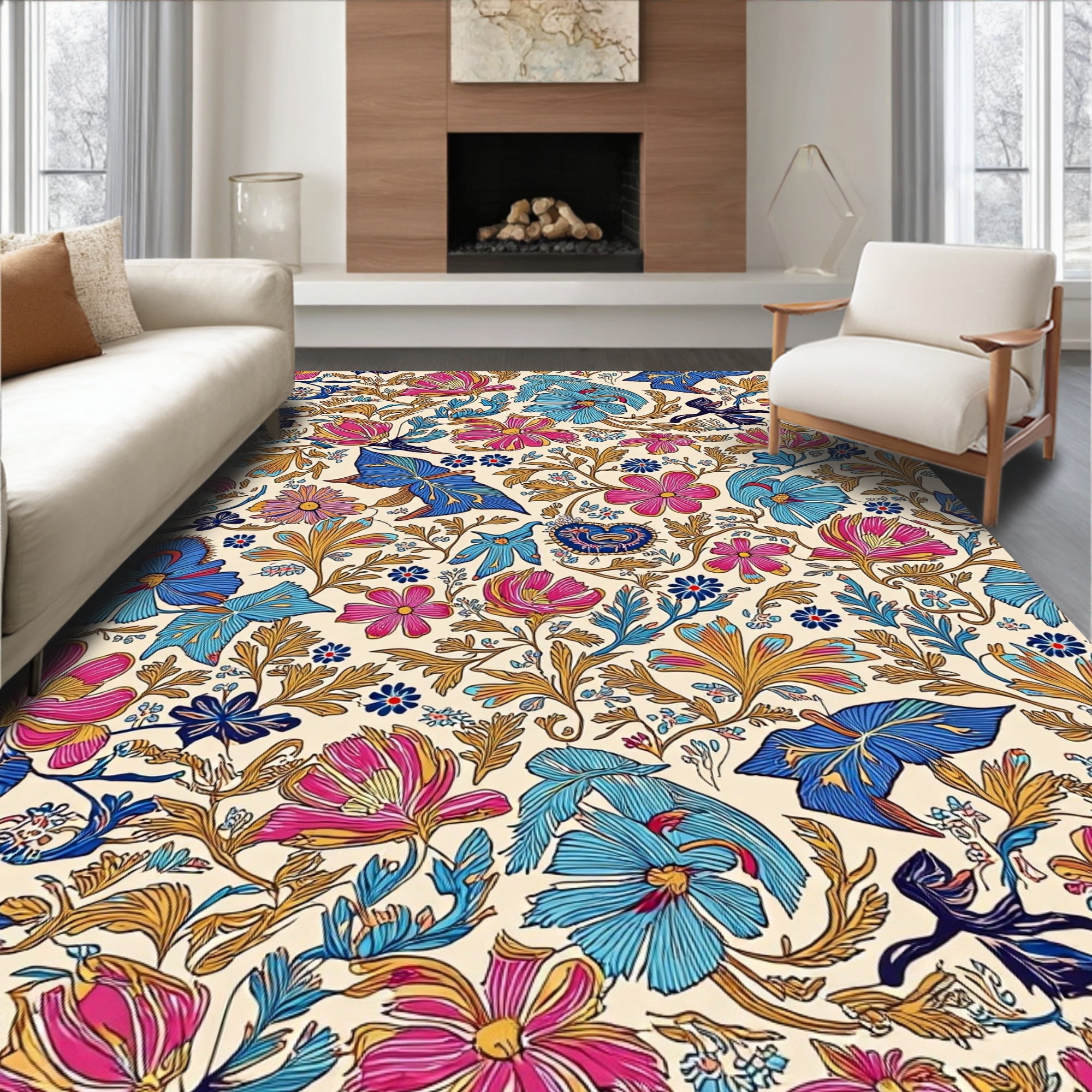 Flatwoven High Traffic Area Rug, Playful Bird and Flower Fusion with ...