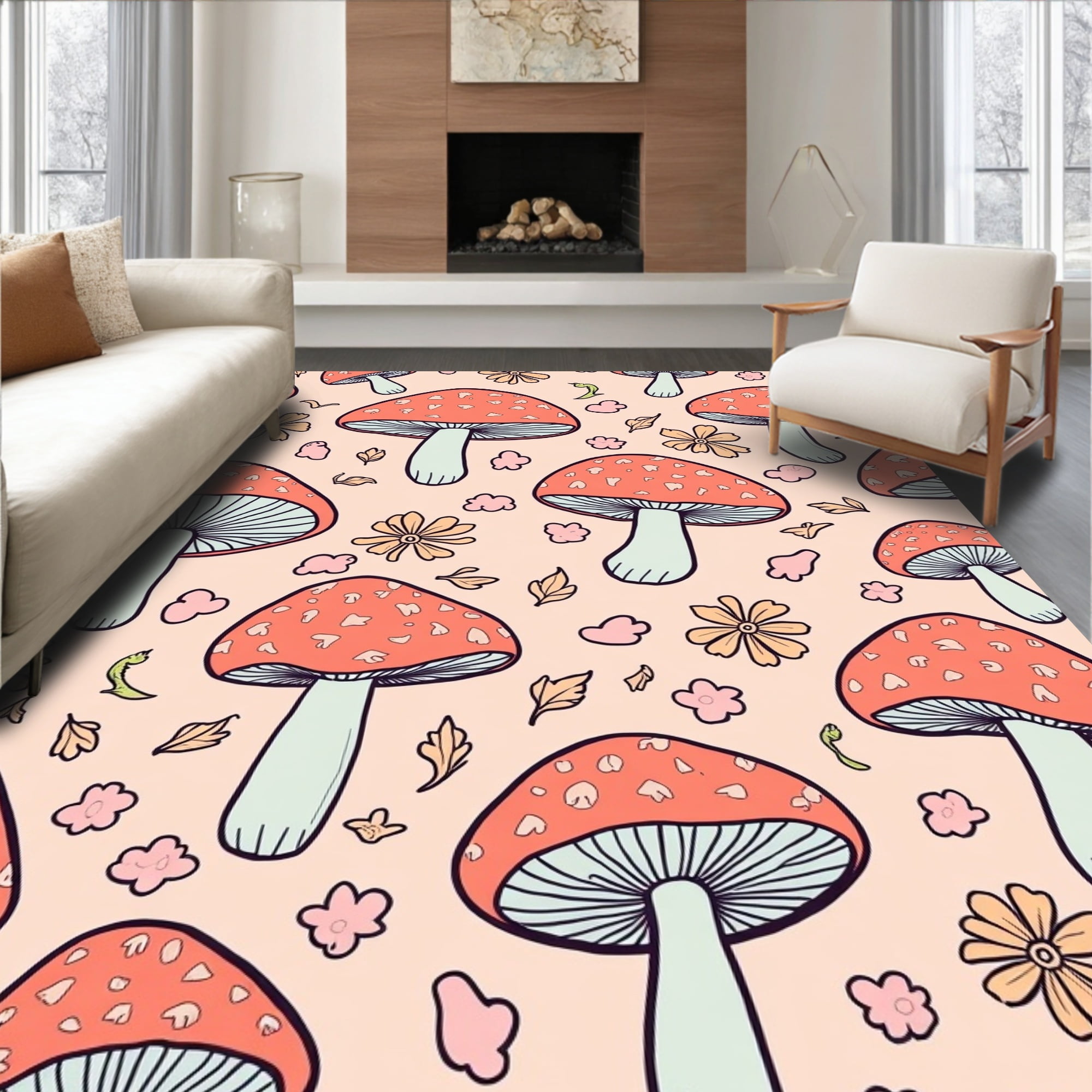 Flatwoven High Traffic Area Rug, Playful Cartoon Mushroom with Fun ...