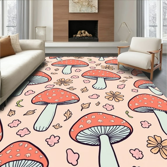 Flatwoven High Traffic Area Rug, Playful Cartoon Mushroom with Fun ...