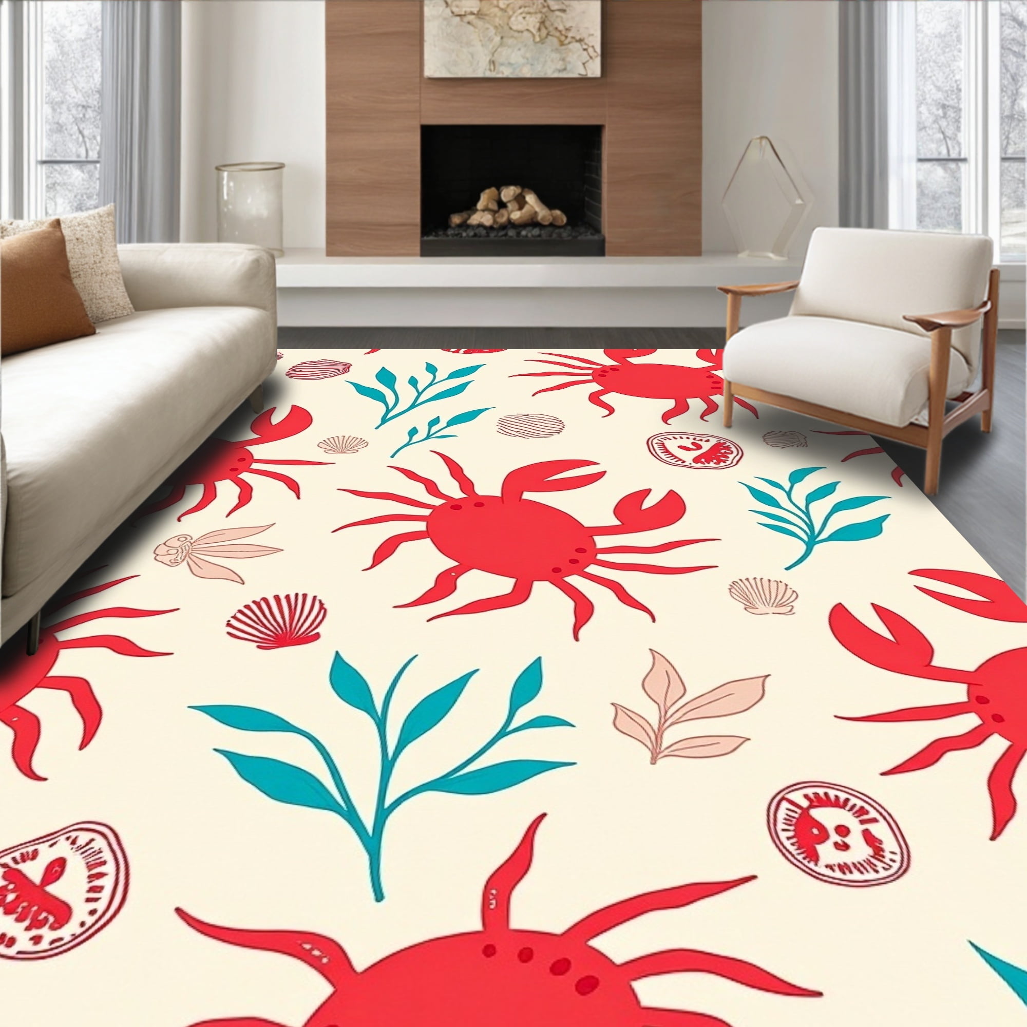 Flatwoven High Traffic Area Rug, Playful Crab Parade Coastal Motif with ...