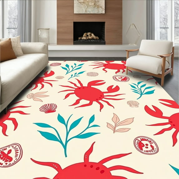 Flatwoven High Traffic Area Rug, Playful Crab Parade Coastal Motif with ...