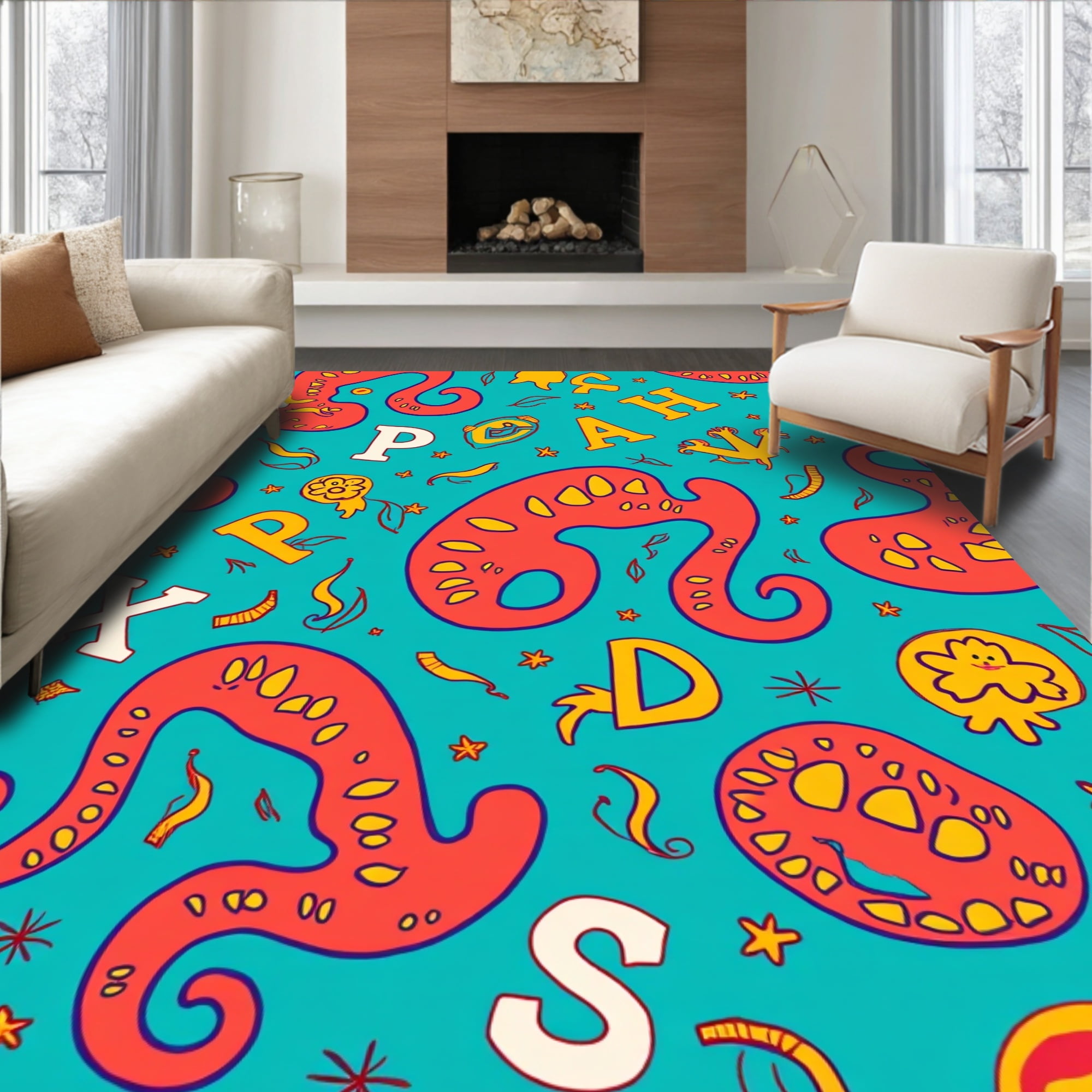 Flatwoven High Traffic Area Rug, Playful Critter Alphabet Showcasing ...