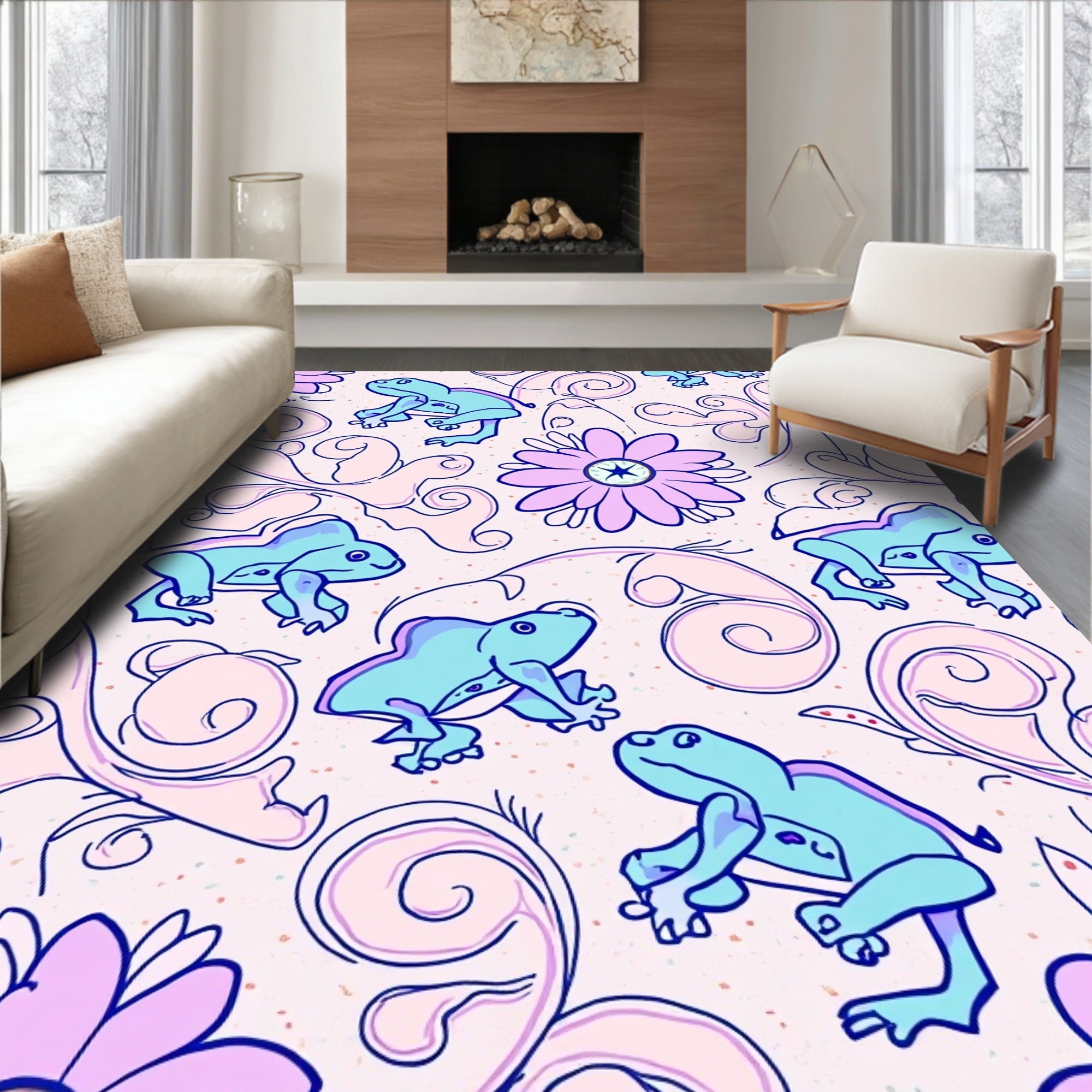 Flatwoven High Traffic Area Rug, Playful Frog Dance Surrounded by ...