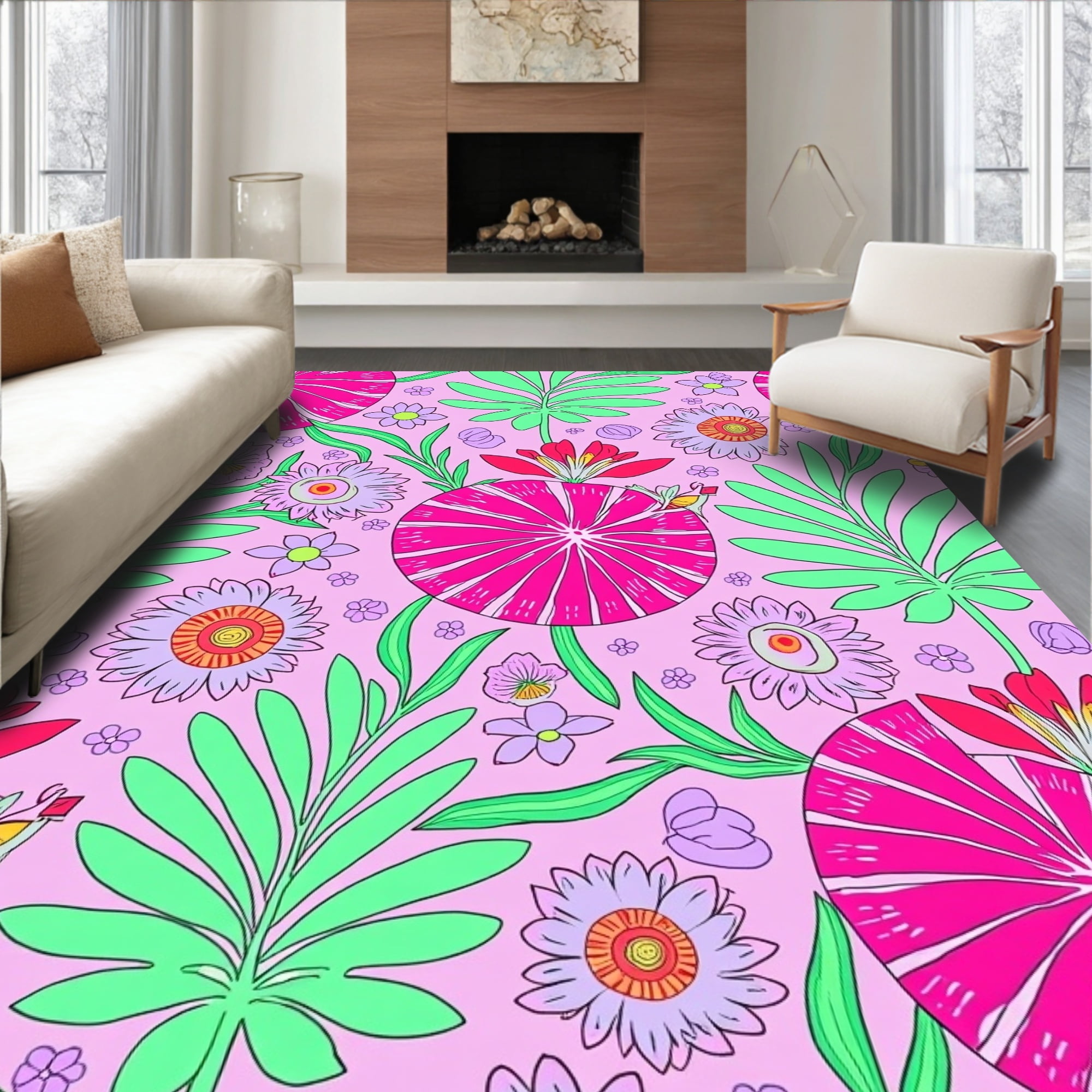 Flatwoven High Traffic Area Rug, Playful Pink Tiger and Exotic Foliage ...