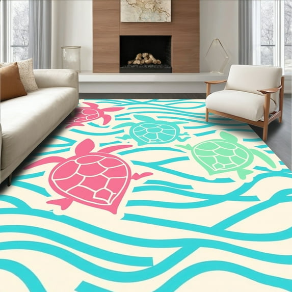 Flatwoven High Traffic Area Rug, Playful Sea Turtle and Wave Motif with ...