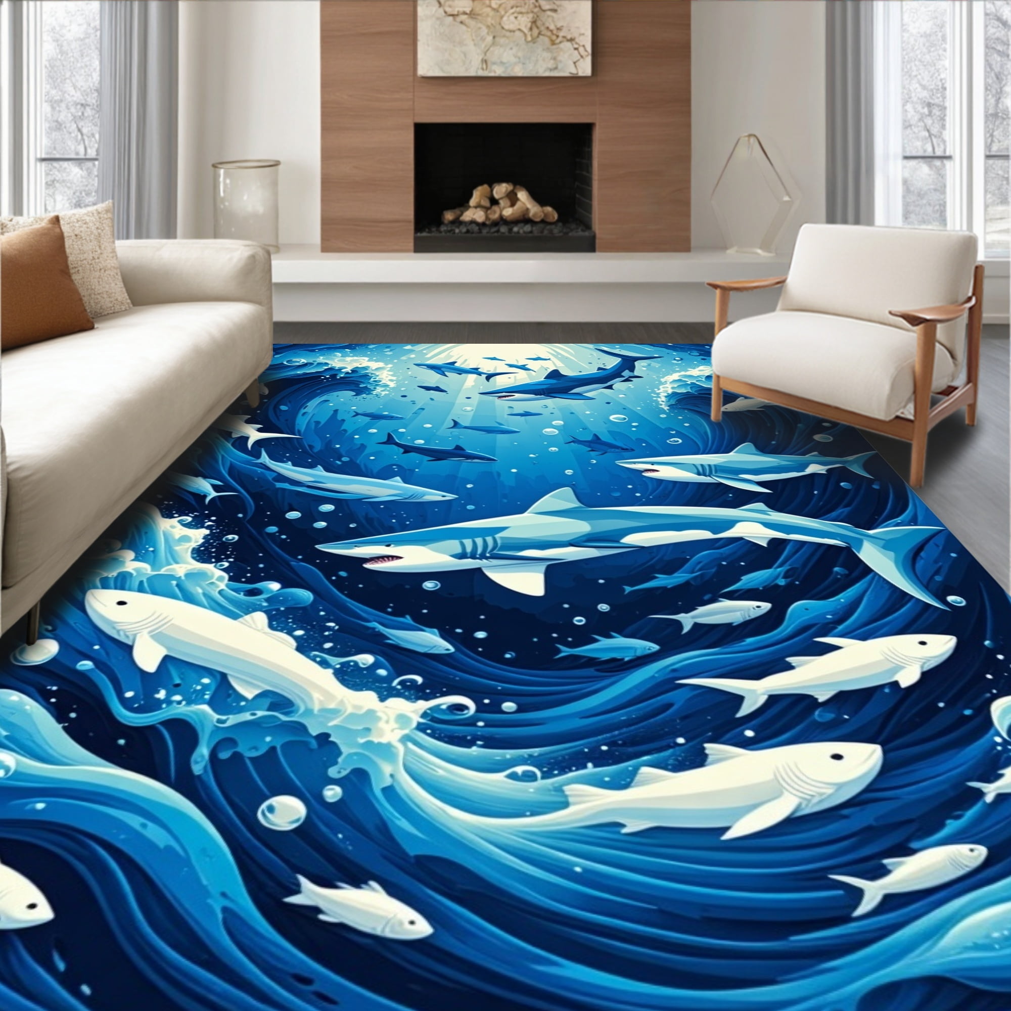Flatwoven High Traffic Area Rug, Playful Shark Parade with Oceanic ...