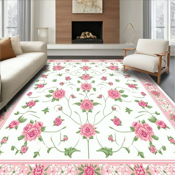Flatwoven High Traffic Area Rug, Radiant Light Pink Floral Artistry ...