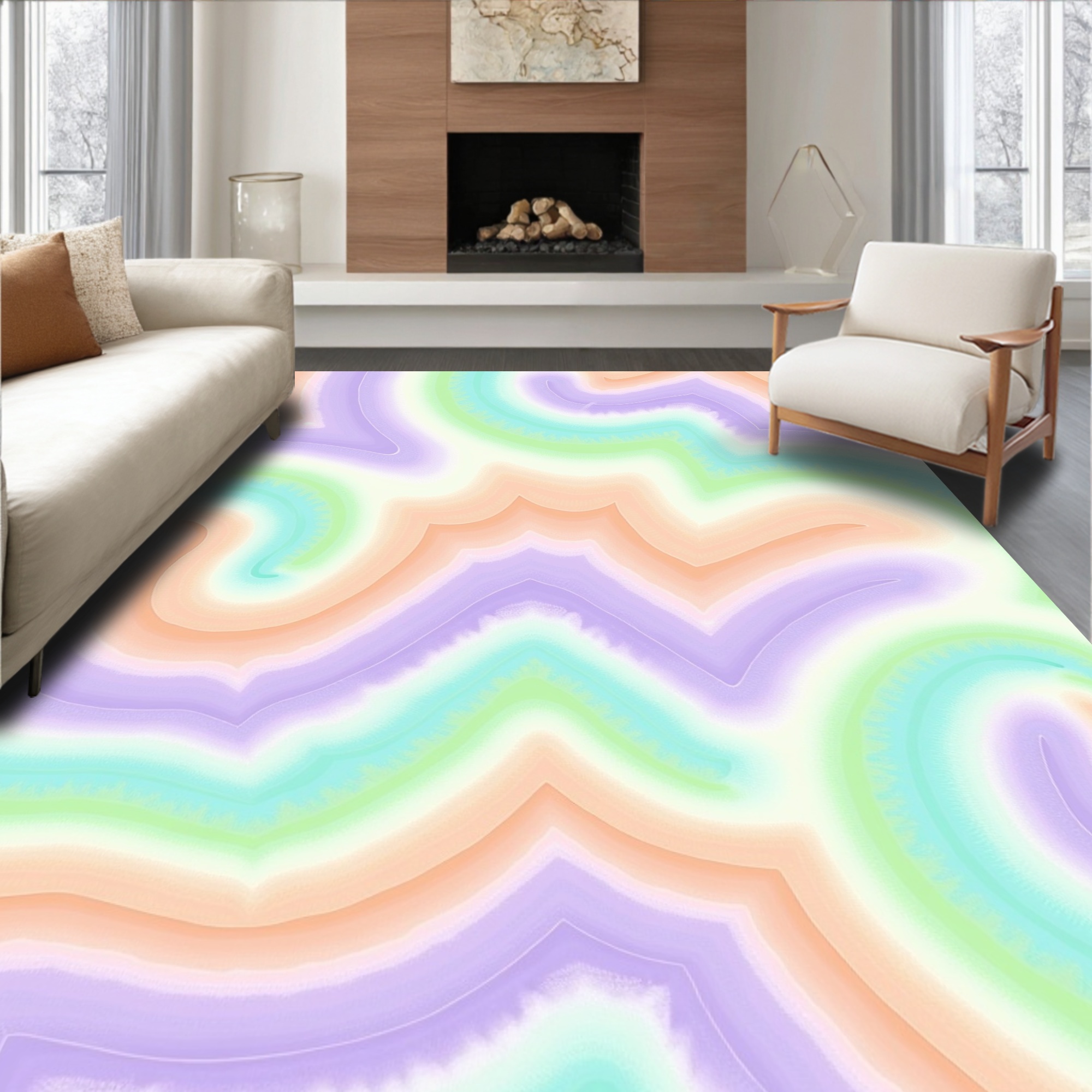 Flatwoven High Traffic Area Rug, Rainbow Ombre Waves with Playful ...