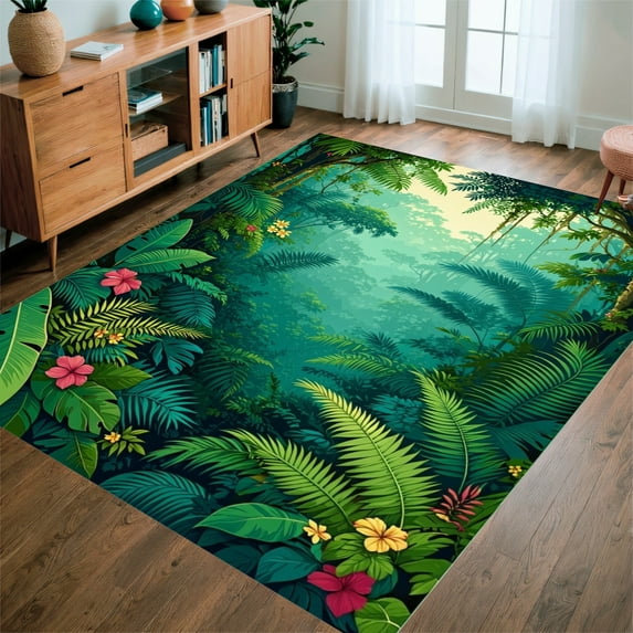 Flatwoven High Traffic Area Rug, Rainforest Canopy Botanical Tapestry ...