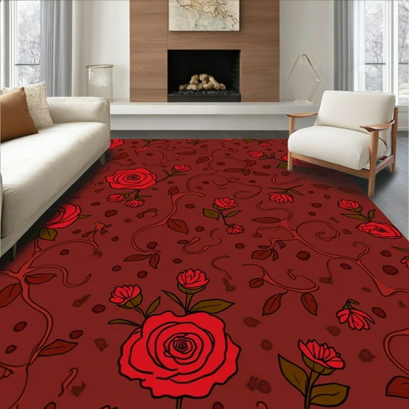 Flatwoven High Traffic Area Rug, Red Rose & Cheetah Print, Non Slip ...