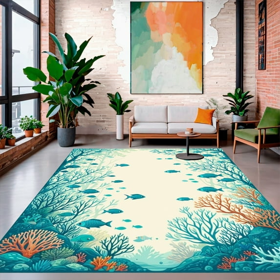 Flatwoven High Traffic Area Rug, Refreshing Marine Life Inspired with ...