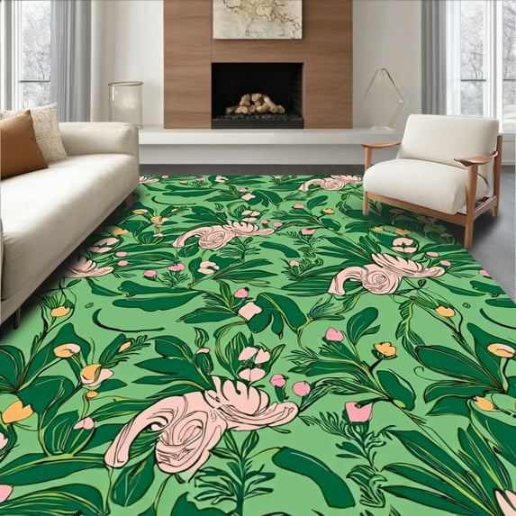 Flatwoven High Traffic Area Rug, Retro Botanical Oasis with Playful ...