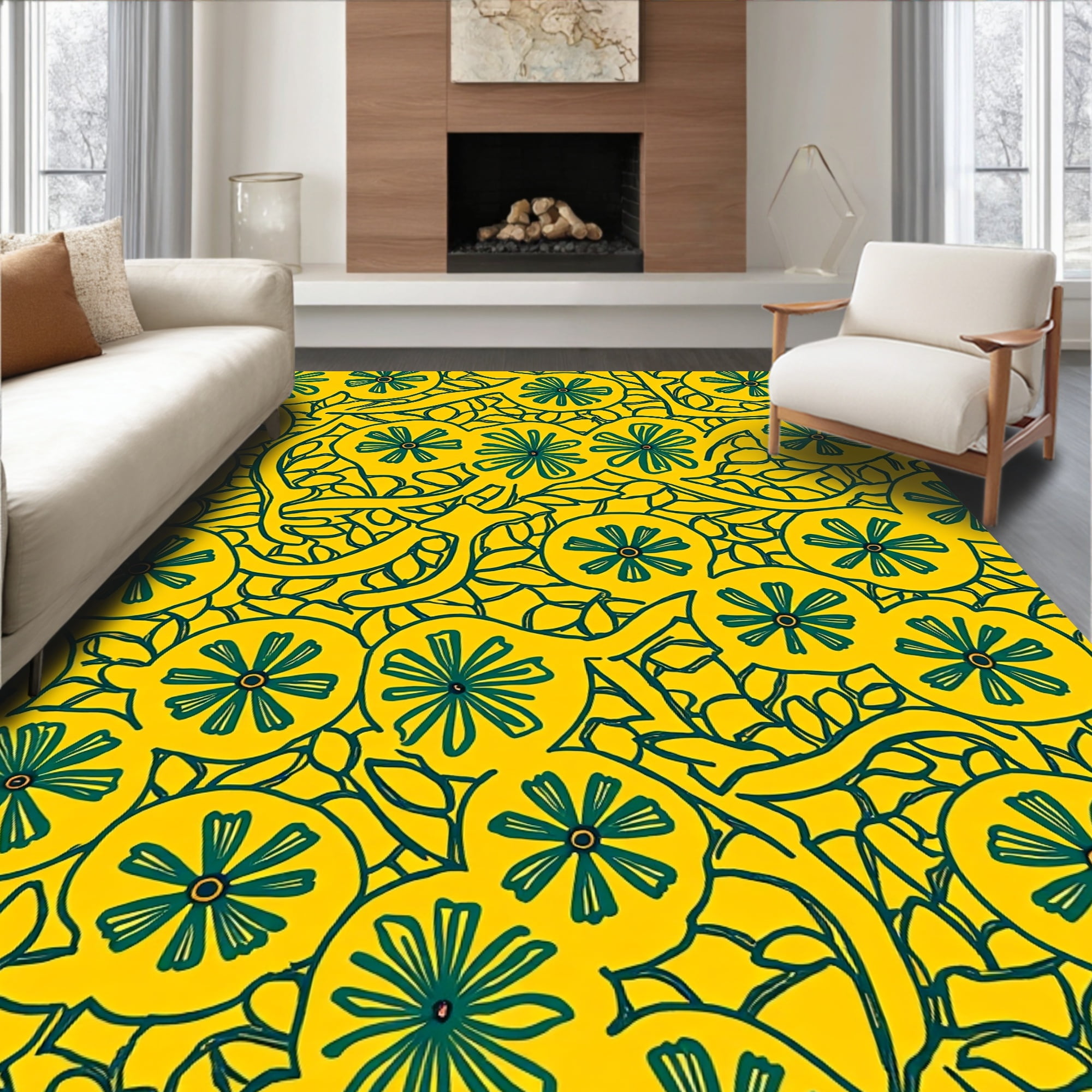 Flatwoven High Traffic Area Rug, Retro Feline Fleur Design with Exotic ...