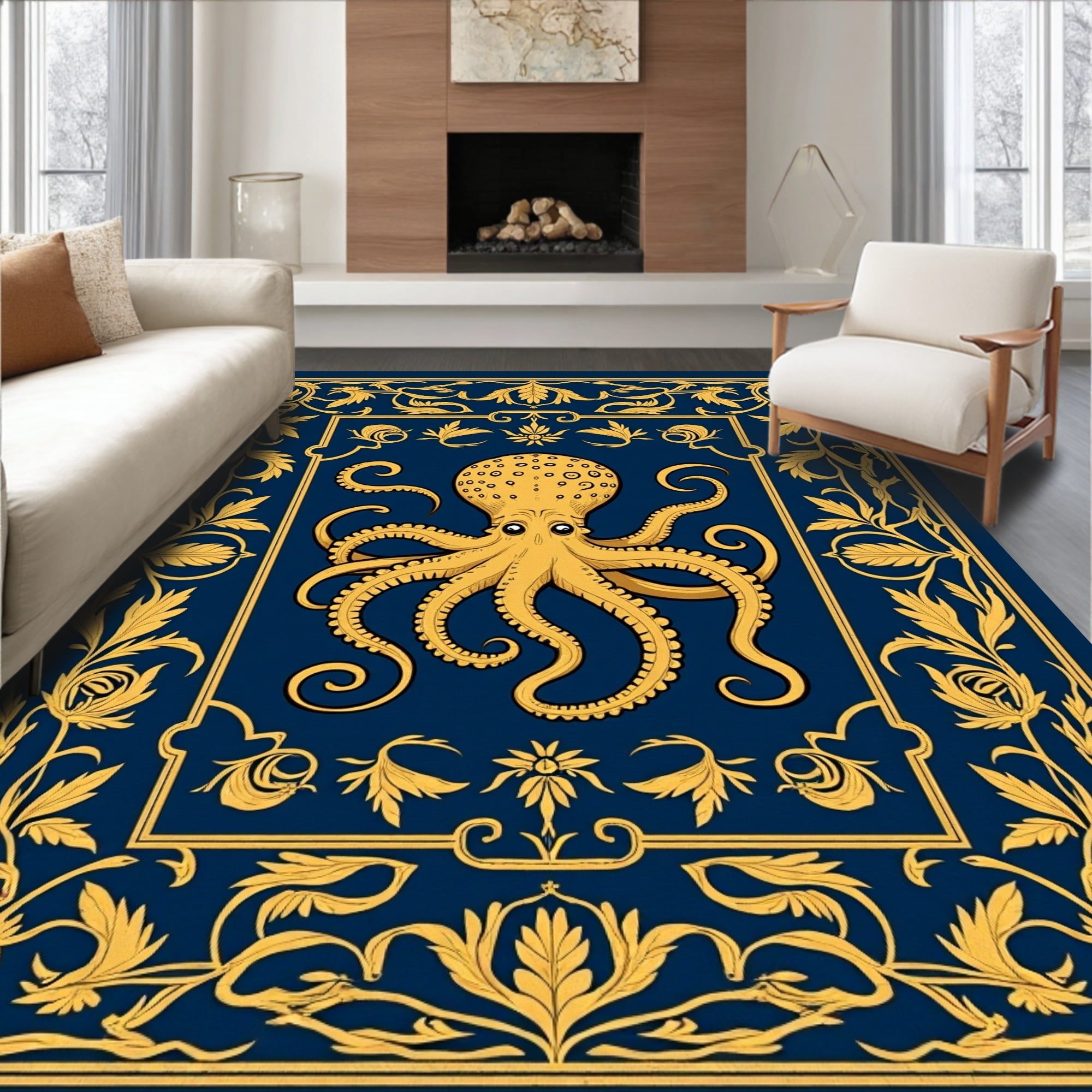Flatwoven High Traffic Area Rug, Retro Marine Octopus Ornament with ...