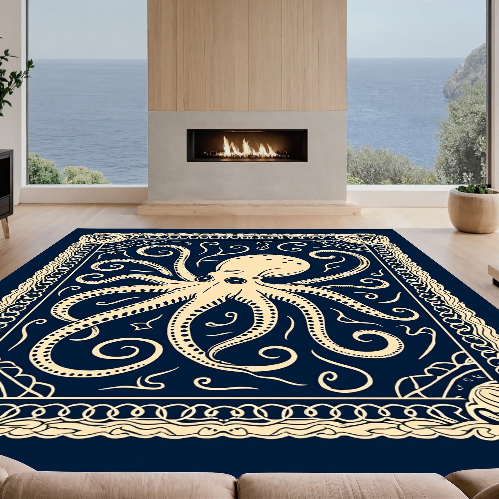 Flatwoven High Traffic Area Rug, Retro Nautical Octopus Motif with Art ...