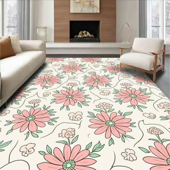 Flatwoven High Traffic Area Rug, Retro Wavy Garden Motif with Playful ...