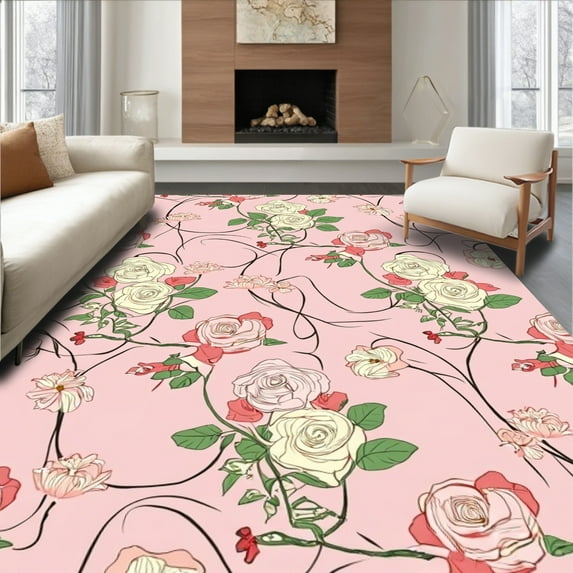 Flatwoven High Traffic Area Rug, Rose Garden Serenity Floral Burst ...