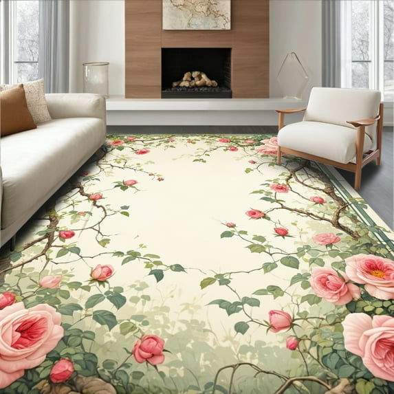 Flatwoven High Traffic Area Rug, Rose Garden Trellis Design, Non Slip ...