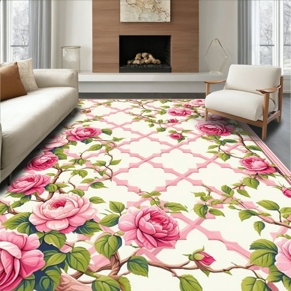 Flatwoven High Traffic Area Rug, Rose Garden Trellis Floral Lattice ...