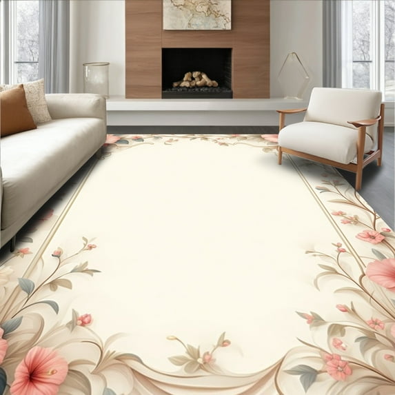 Flatwoven High Traffic Area Rug, Round Floral Border, Non Slip, Stain ...