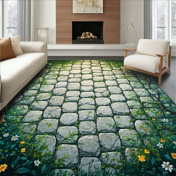 Flatwoven High Traffic Area Rug, Rustic Cobblestone Floralscape With ...