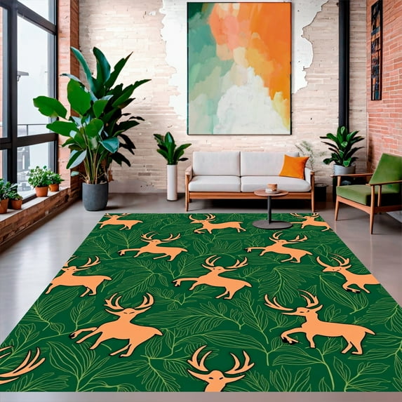 ODIKA 8'x10' Machine Washable Non-Slip Area Rug, Rustic Woodland Deer ...