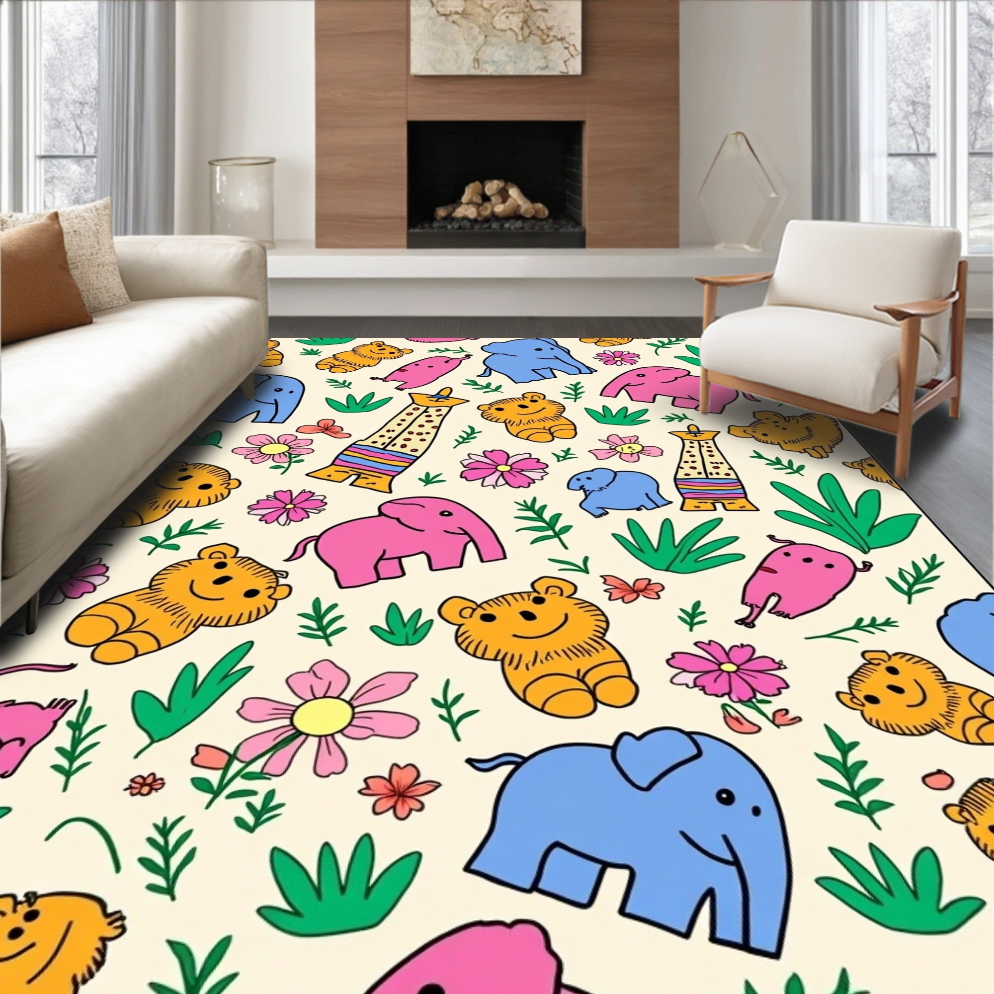 ODIKA 5'x7' Machine Washable Non-Slip Area Rug, Safari Adventure Jungle ...