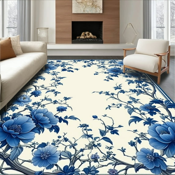 Flatwoven High Traffic Area Rug, Sapphire Blue Floral Runner, Non Slip ...
