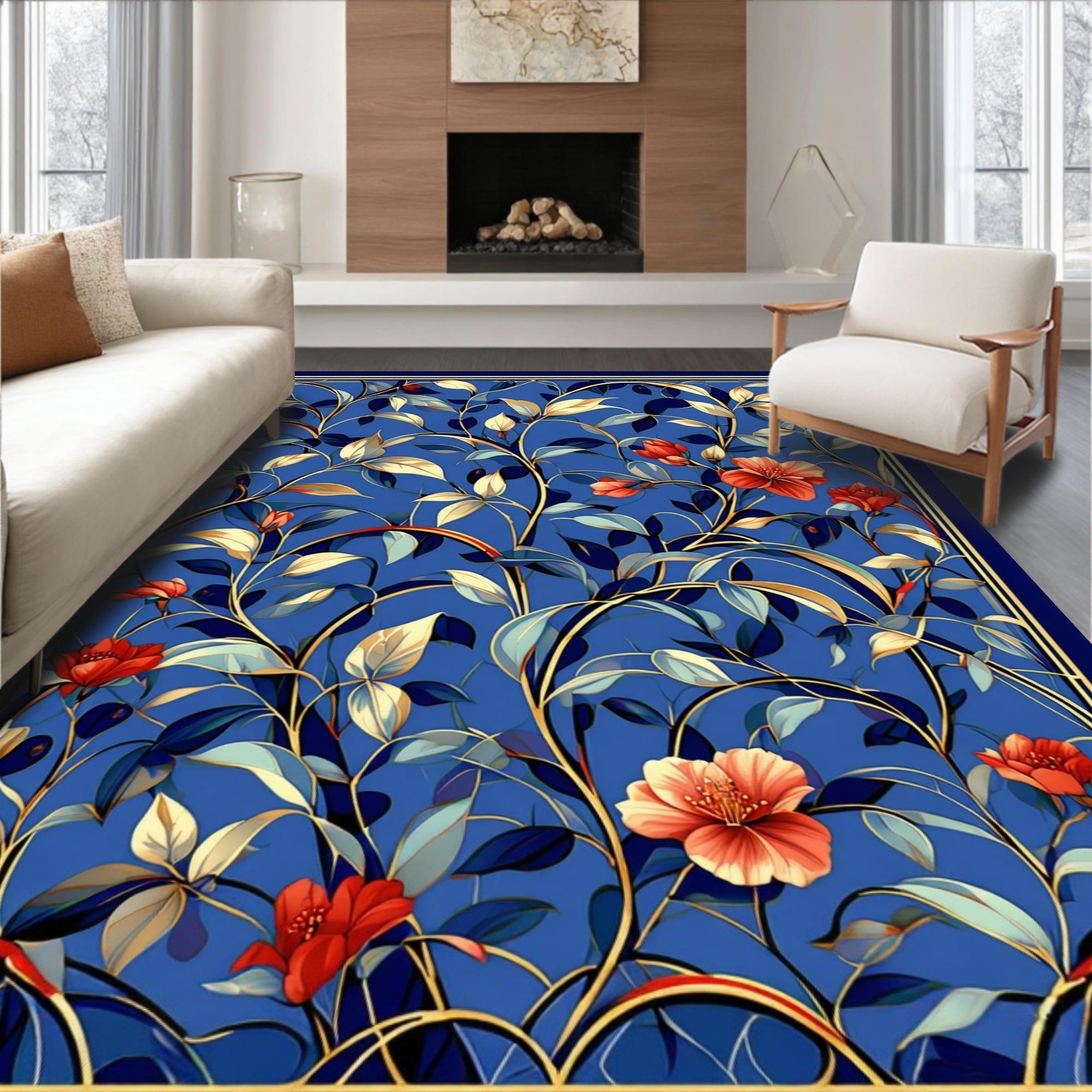 Flatwoven High Traffic Area Rug, Sapphire Garden Woven, Non Slip, Stain ...