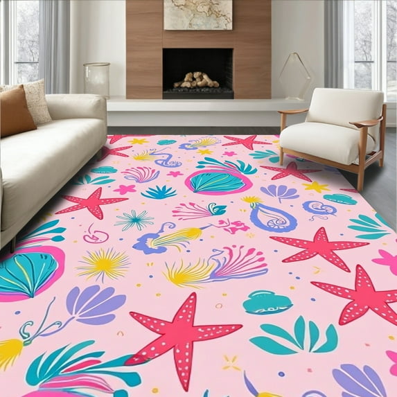 Flatwoven High Traffic Area Rug, Sea Friends Faux Wool Beachy Starfish ...