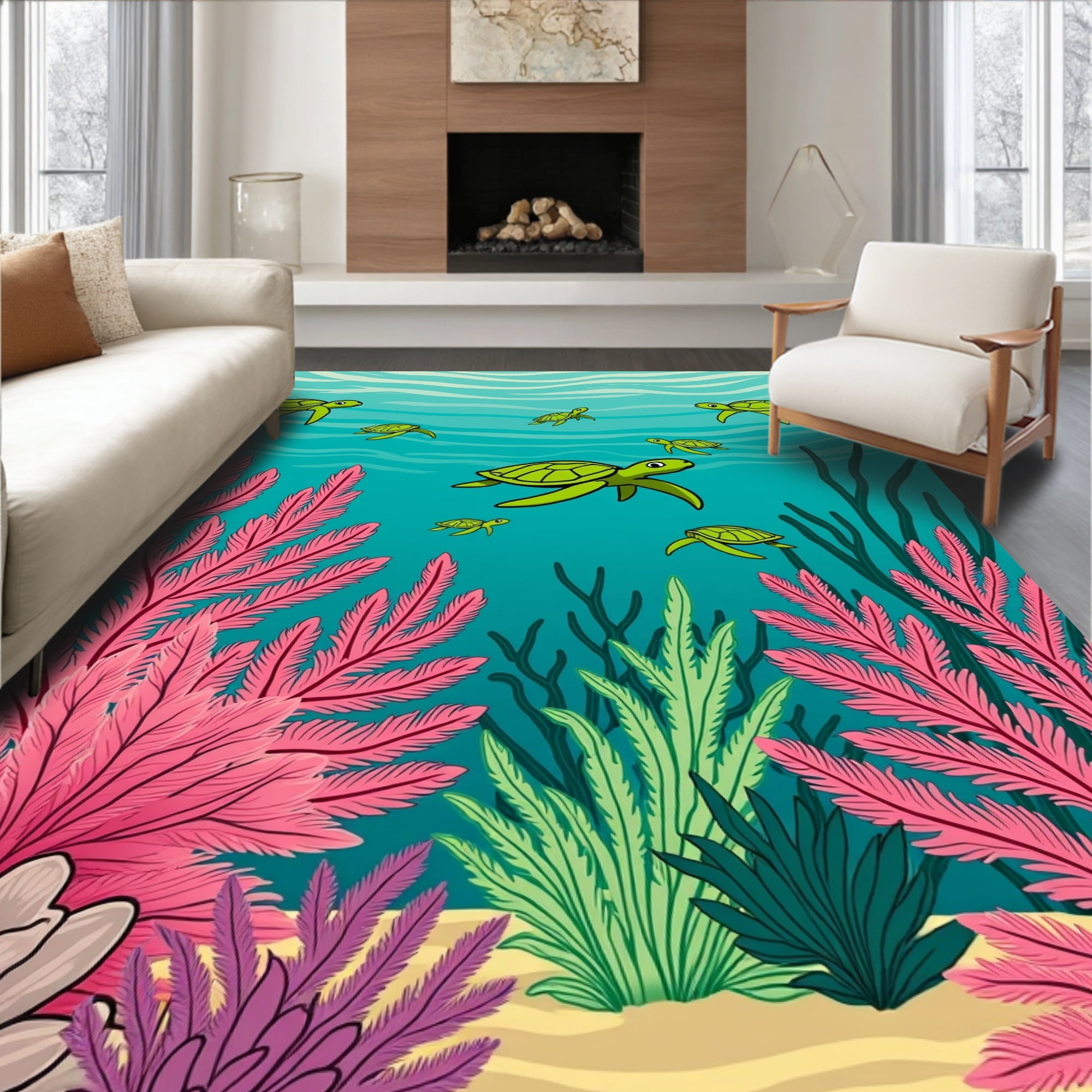Flatwoven High Traffic Area Rug, Sea Turtle & Coral Reef Aquatic Design ...