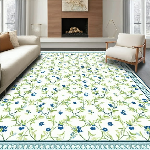 Flatwoven High Traffic Area Rug, Seaside Trellis Light Aqua Floral Vine ...