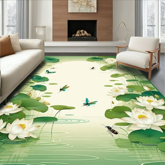 Flatwoven High Traffic Area Rug, Serene Insect and Water Lily with ...