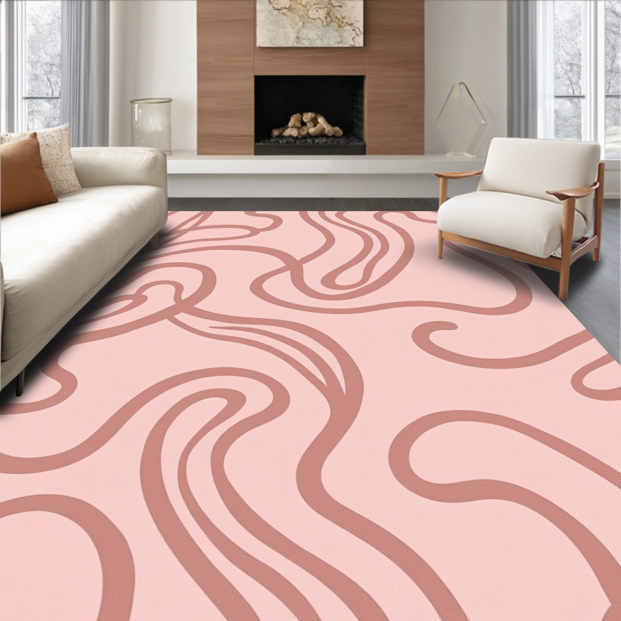 Flatwoven High Traffic Area Rug, Serene Ripple Wave Design in Rose ...
