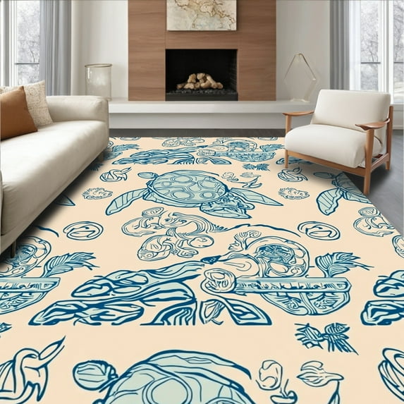 Flatwoven High Traffic Area Rug, Serene Sea Turtle with Nautical ...