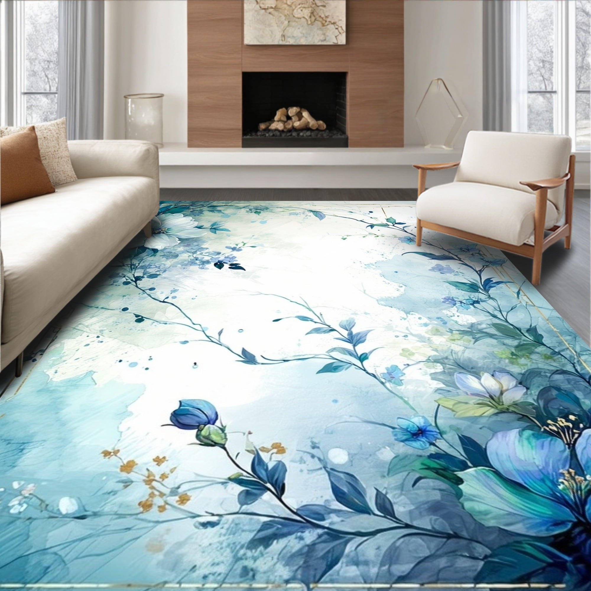 Flatwoven High Traffic Area Rug, Serene Stream Aqua & Slate Floral ...